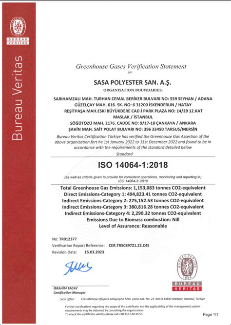 Sasa Polyester Sanayi A Ş Sasa Iso Certificates