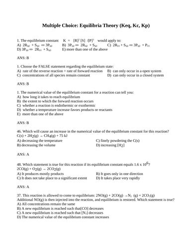 Chemical Equilibria And Equilibrium Constant Keq Kc Kp Power Points And Multiple Choice With