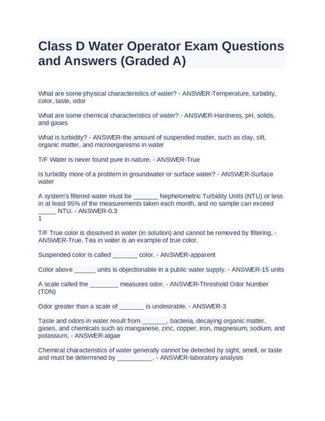 Class D Water Operator Exam Questions And Answers Graded A Exams
