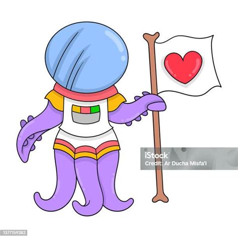 사랑 깃발을 들고 발렌타인 을 축하하는 외계인 낙서 아이콘 이미지 Kawaii 기에 대한 스톡 벡터 아트 및 기타 이미지 기 낙서 드로잉 등장인물 Istock