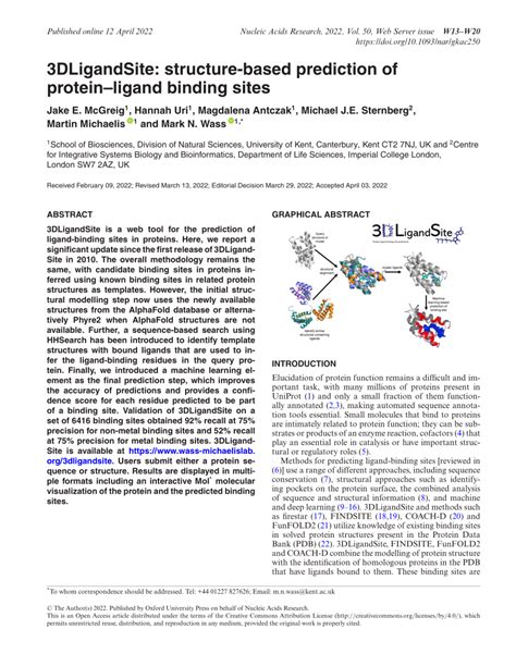Pdf 3dligandsite Structure Based Prediction Of Proteinligand Binding Sites