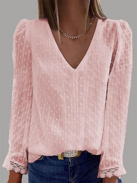 Womens Tops Loose V Neck Long Sleeved Blouse Pink M Long Sleeve