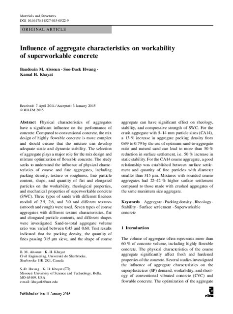 Pdf Influence Of Aggregate Characteristics On Workability Of Superworkable Concrete