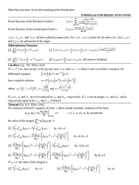 Formulas For Bessel Functions Other Than Your Name Do Not Write Anything On This Formula Sheet