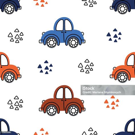 기하학적 모양으로 된 흰색 배경에 컬러 자동차가 있는 밝은 아이들의 완벽한 패턴입니다 포장지 직물에 이상적입니다 벡터 일러스트 레이 션 0명에 대한 스톡 벡터 아트 및 기타