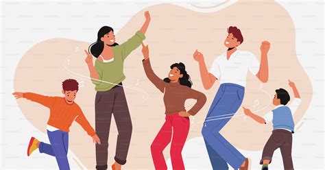 행복한 가족은 홈 파티를 축하합니다 아이들을 둔 부모들은 하얀 배경에 고립되어 춤을 춘다 엄마 아빠 아이들 캐릭터는 여가 시간 여가 함께 기뻐합니다 만화 사람들