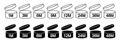 Pao 아이콘 팩 표지판을 연 후 기간 열린 뚜껑과 월 숫자가 있는 항아리 제품 신선도 시간 화장품 샴푸 메이크업 유효 기간 라벨 12에 대한 스톡 벡터 아트 및 기타