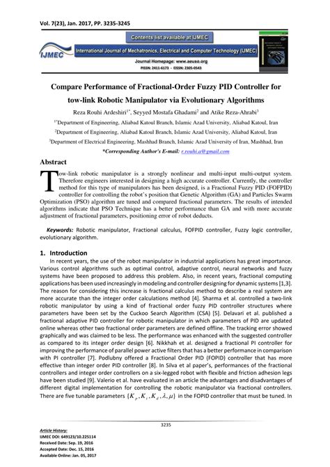 Pdf Compare Performance Of Fractional Order Fuzzy Pid Controller For Tow Link Robotic