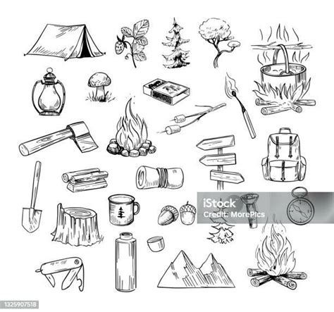 흰색 배경에 고립 된 손으로 그린 캠핑과 하이킹 요소 여름 캠프 전단지 및 포스터아이콘 세트 윤곽이 있는 벡터 그림입니다 드로잉에 대한 스톡 벡터 아트 및 기타 이미지
