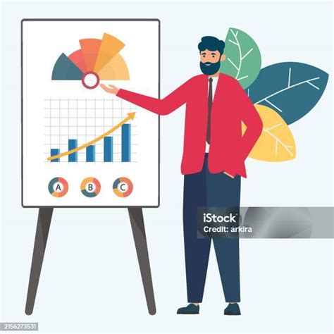 차트를 설명하는 프레젠테이션 화면 보드에 마케팅 데이터를 제시하는 사업가 벡터 일러스트 레이 션입니다 3차원 형태에 대한 스톡 벡터 아트 및 기타 이미지 Istock