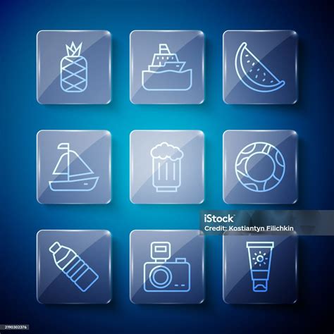 세트 라인 생수 플래시가 있는 사진 카메라 튜브에 자외선 차단제 크림 수박 나무 맥주 머그잔 요트 범선 파인애플 및 고무 수영