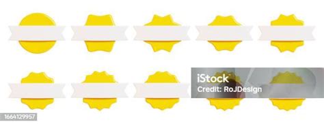 흰색 리본이 달린 노란색 별 모양 스티커 3d 렌더링 세트 둥근 태양 버스트 또는 별 모양 배지 모음 3차원 형태에 대한 스톡 사진 및 기타 이미지 Istock