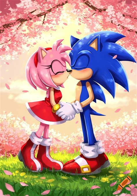 Sonic And Amy Rose Share A Tender Kiss Under A Canopy Of Pink Cherry