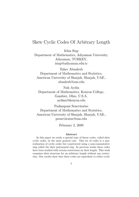 PDF Skew Cyclic Codes Of Arbitrary Length