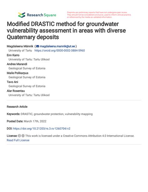 Pdf Modified Drastic Method For Groundwater Vulnerability Assessment In Areas With Diverse