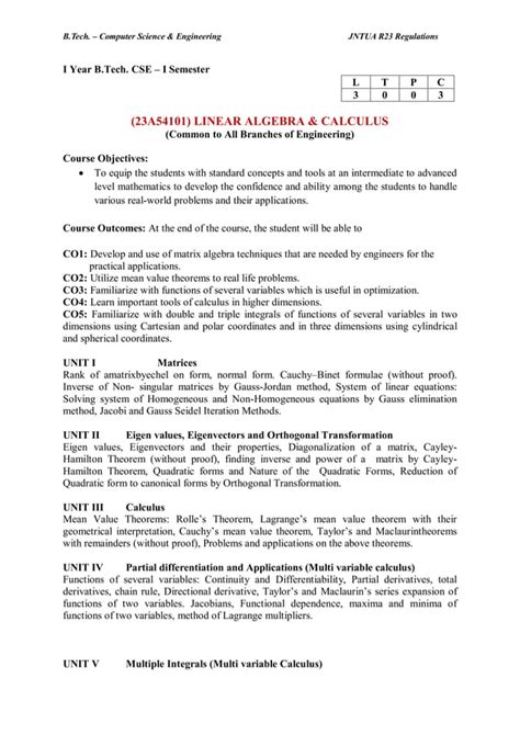 5 Jntua Btech Cse R23 I Ii Year Course Structure And Syllabuspdf
