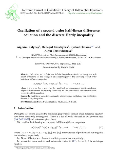 Pdf Oscillation Of A Second Order Half Linear Difference Equation And The Discrete Hardy