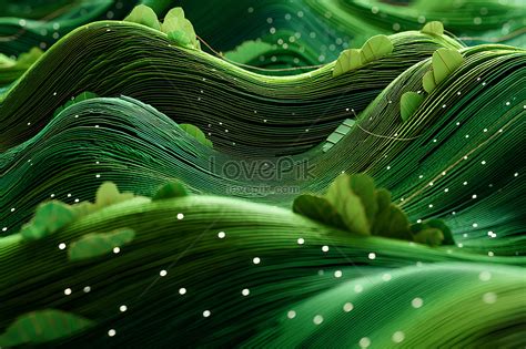 식물 요소가있는 녹색 파의 3d 초록 예술