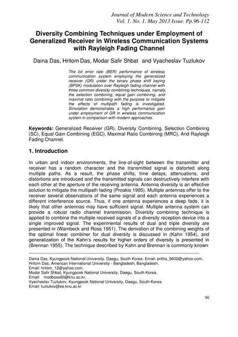 Pdf Diversity Combining Techniques Under Employment Of Generalized Receiver In Wireless