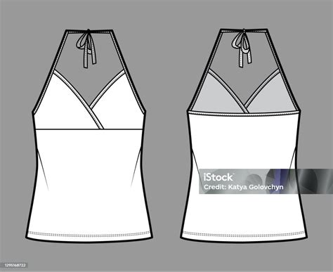 엠파이어 솔기 활 오버사이즈 튜닉 길이가 있는 탑 홀터 넥 서플리스 탱크 코튼 저지 테크니컬 패션 일러스트레이션 0명에 대한