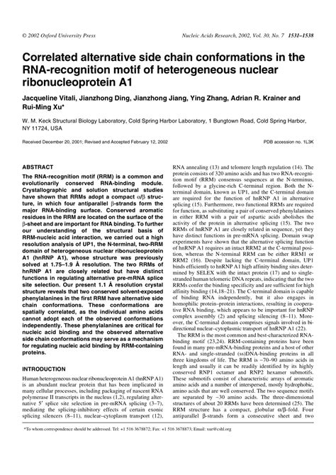 Pdf Correlated Alternative Side Chain Conformations In The Rna Recognition Motif Of