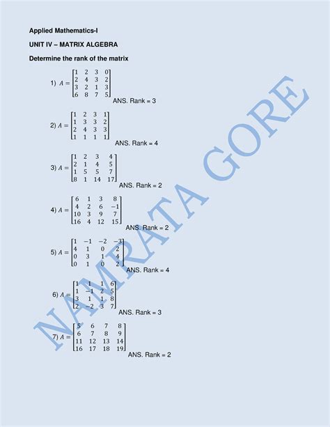 Sem I Problem Sheet Matrix Algebra Applied Mathematics I Unit Iv Matrix Algebra Determine