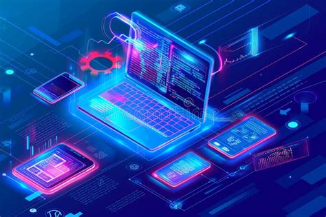 Isometric Laptop And Smartphones With Glowing Data Code Lines And Tech
