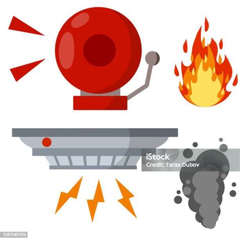 화재 안전 항목 알람 사이렌 반지 연기 센서 불꽃세트 위험한 상황 사고 보호 경고 및 문제 만화 플랫 일러스트레이션 감지기에 대한 스톡 벡터 아트 및 기타 이미지 Istock