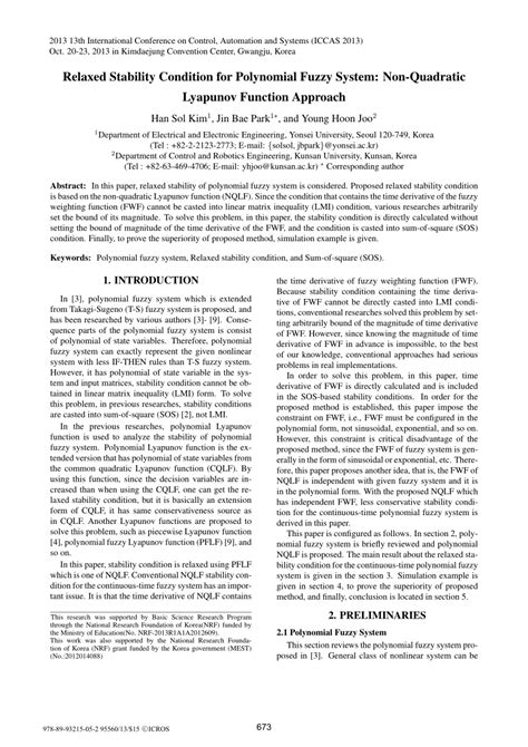 PDF Relaxed Stability Condition For Polynomial Fuzzy System Non Quadratic Lyapunov Function