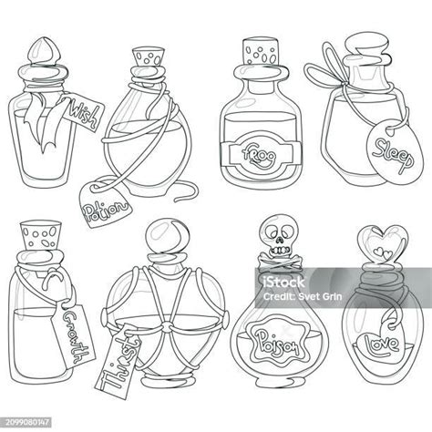 마법의 영약과 태그가 달린 물약 병 윤곽 스타일의 알 수 없는 마녀 독이 담긴 만화 유리 플라스크 손으로 그린 연금술 병의 벡터 그림입니다 할로윈 마법을 위한 마녀 물약 0