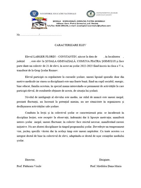 Caracterizare Elev Pdf