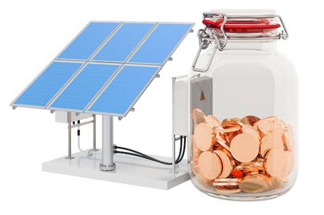 황금 동전으로 가득 찬 유리병이 있는 태양 전지 패널 에너지 소비 개념 3d 렌더링 절약 프리미엄 사진