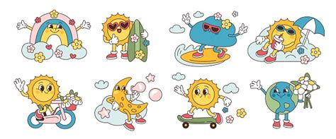 복고풍 날씨 캐릭터 웃는 얼굴 발과 손 태양 구름과 무지개 지구와 달 스티커 컬렉션 만화 플랫 절연 화려한 벡터 세트 재미 그루비 마스코트 등장인물에 대한 스톡 벡터 아트