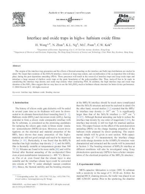 Pdf Interface And Oxide Traps In High κ Hafnium Oxide Films