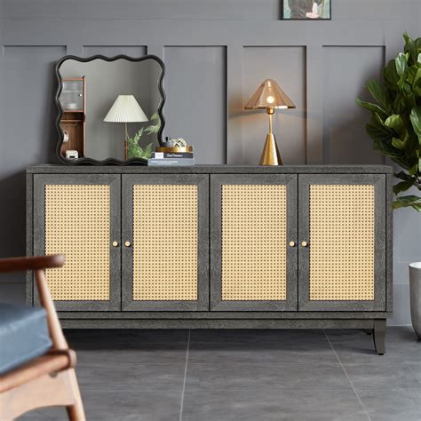 Handcrafted Premium Grain Panels Rattan Sideboard Buffer Cabinet With 4