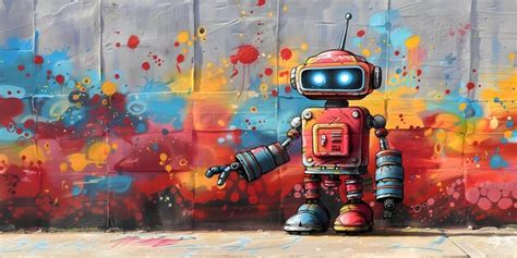Premium Photo Robot Artist Creating A Playful Mural On A Wall Concept