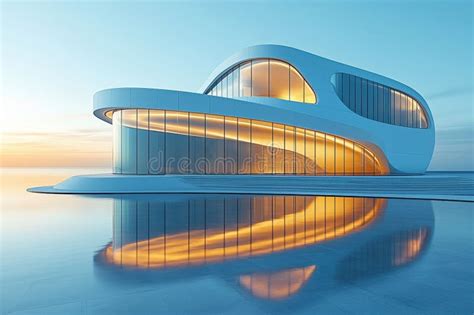 Modern Futuristic Building With Sleek Glass And Curved Architecture Reflecting On Calm Water At