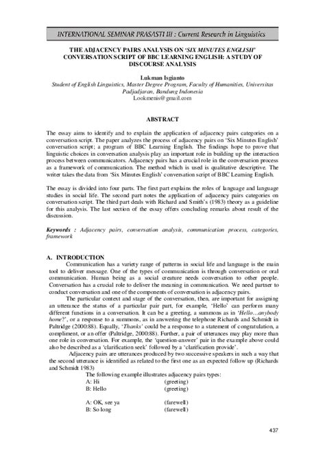 Pdf The Adjacency Pairs Analysis On Six Minutes English Conversation Script Of Bbc Learning