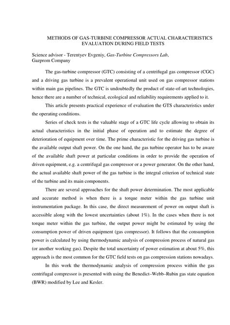 Pdf Methods Of Gas Turbine Compressor Actual Characteristics Evaluation During Field Tests