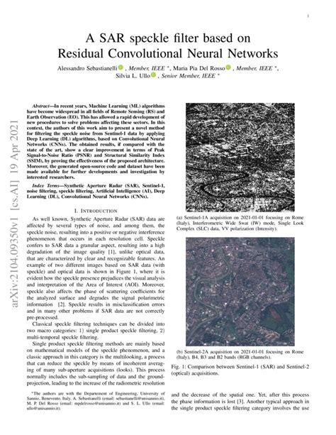 A Sar Speckle Filter Based On Residual Convolutional Neural Networks Deepai