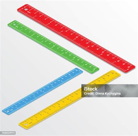 흰색 배경에 격리 된 등각투영 다채로운 눈금자의 집합입니다 인치와 Cm로 표시된 양면 측정 도구 학교 용품 및 비즈니스를위한 플랫 디자인 0명에 대한 스톡 벡터 아트 및