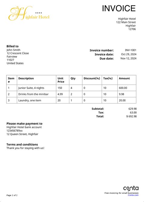 Template For Hotel Bill With An Example Conta