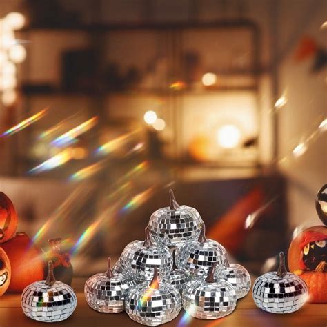 Damai 12 Pack Silver Pumpkin Fall Decor Foam Glitter Pumpkins For Decorating Disco Silver Mosiac