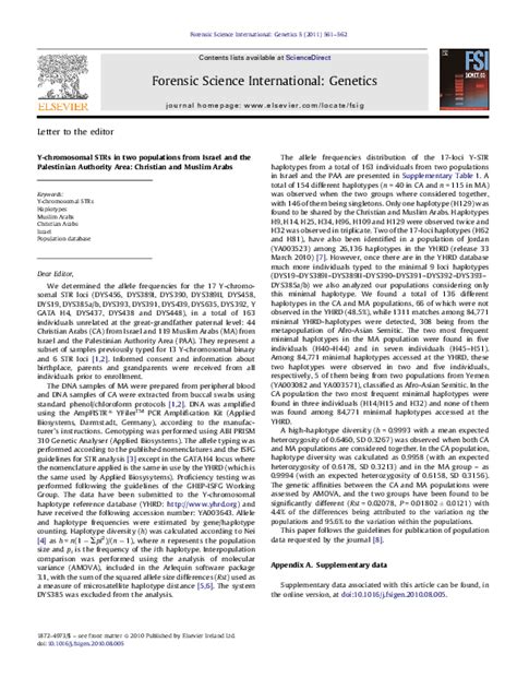 Pdf Y Chromosomal Strs In Two Populations From Israel And The Palestinian Authority Area