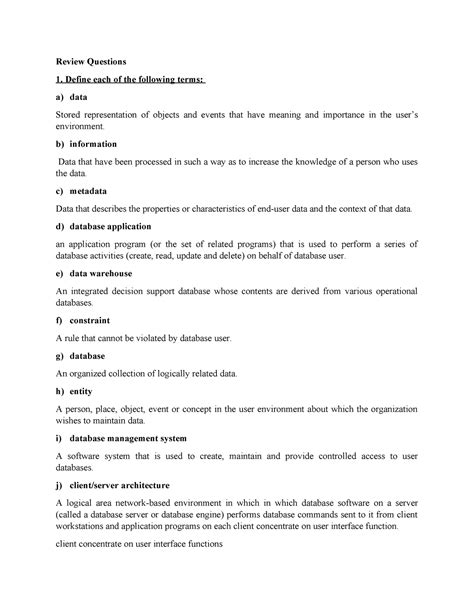 Dbms Boook Exercise Review Questions Define Each Of The Following Terms A Data Stored