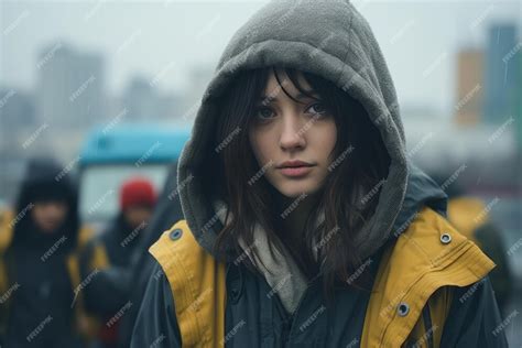 Premium Ai Image A Woman In A Hooded Jacket Standing In Front Of A Group Of People