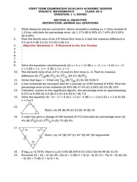 Mathematics Past Questions For Sss Senior Secondary Pdf Mathematics Science