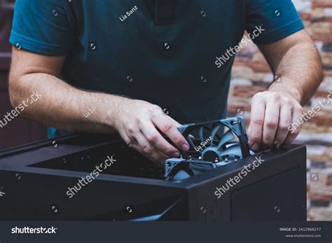 Hands Technician Installs Computer Cooling Element Close Cleaning Pc Cooler Upgrade Pc Assembly