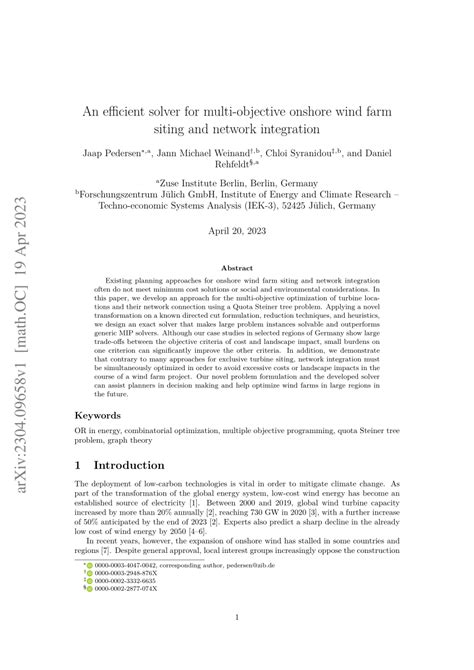 Pdf An Efficient Solver For Multi Objective Onshore Wind Farm Siting And Network Integration