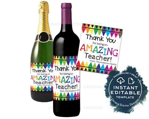 Teacher Appreciation Wine Bottle Label Editable Wine Label Sticker Ch